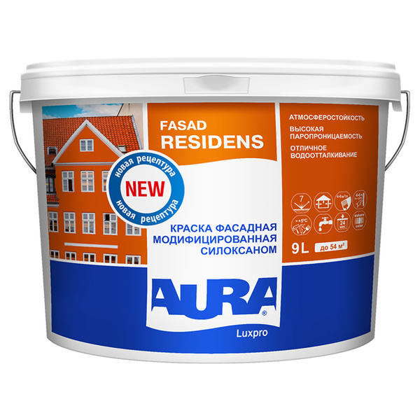 Краска акриловая фасадная AURA Luxpro Residens база TR 9л бесцветная, арт.4810149010367 (kraska ...
