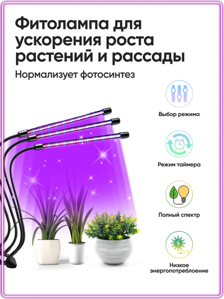 Фитосветильник, фитолампа для растений на прищепке, 3 светильника ...