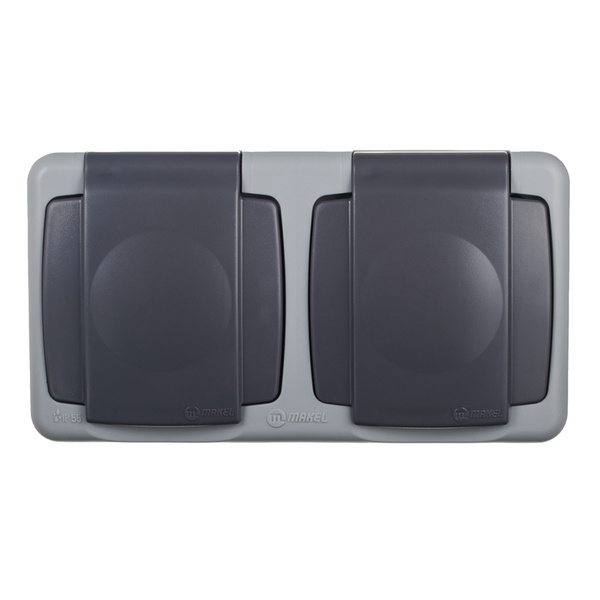 Розетка Makel 36064201 двойная открытая установка серая с заземлением IP55 блок с крышкой ...