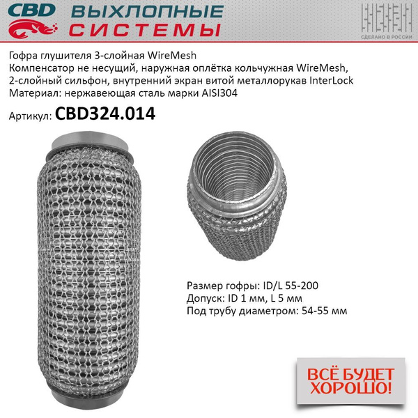 Гофра глушителя 55 x 200 3х-слойная WIRE MESH - купить по низкой цене в ...