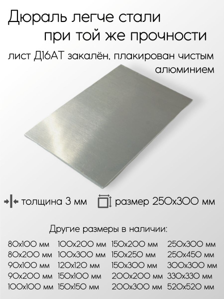 Алюминий дюраль Д16АТ лист толщина 3 мм 3x250x300 мм - купить с ...