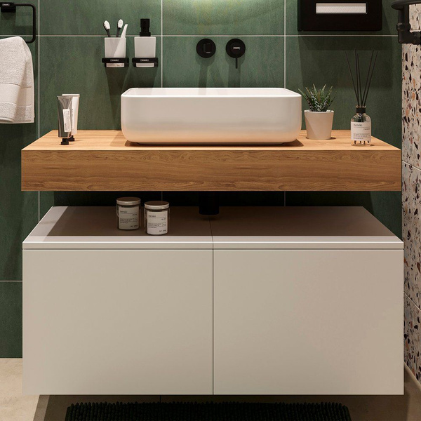 Столешница STWORKI Ольборг 100 дуб французский, без отверстий, 2 тумбы 50, с раковиной STWORKI ...