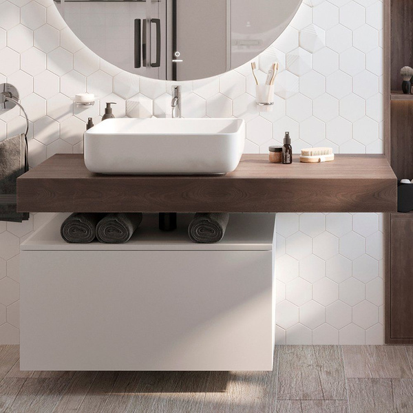 Столешница STWORKI Ольборг 120 дуб карпентер, без отверстий, с тумбой 80, с раковиной STWORKI ...