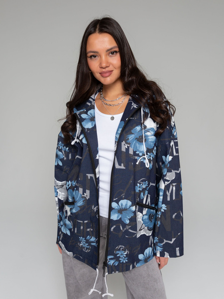 Ветровка Женский HELLO MODA! Капюшон, Карманы темно-синий, серый Хлопок, Полиэстер, размер 46 ...