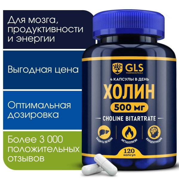 Холин Битартрат 500 мг бады витамины B 4 B4 для мозга и концентрации 120 капсул купить с
