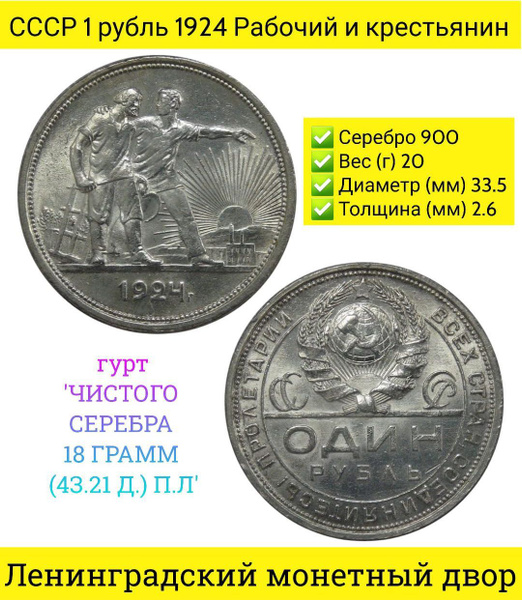 СССР монета 1 рубль 1924 Рабочий и крестьянин. Пролетарии всех стран, соединяйтесь! Серебро ...