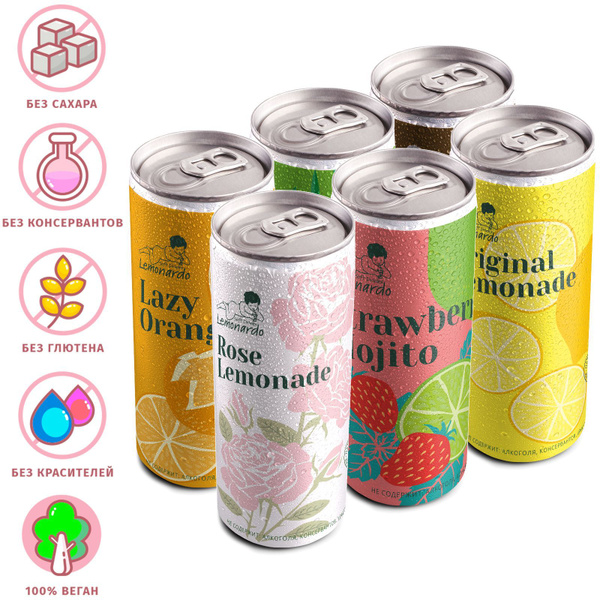 Ассорти напитков газированных Лимонад без сахара Lemonardo, алюминиевая ...