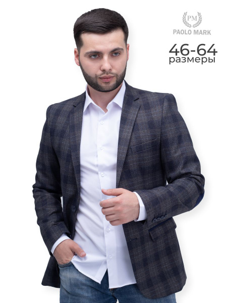 Пиджак Мужской PAOLO MARK серый, синий, размер 52 Полиамид, Шерсть Карманы прямой Длинный ...
