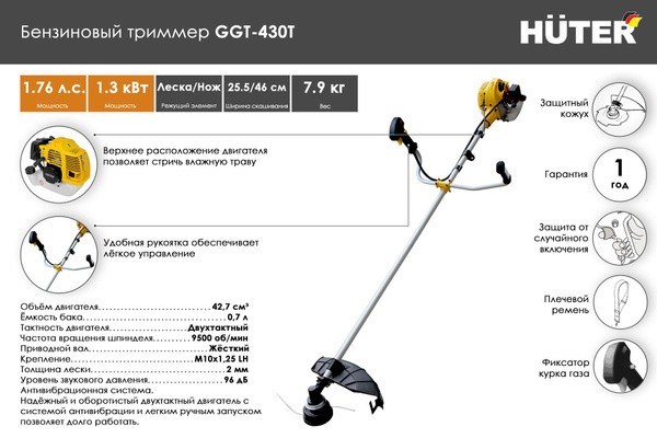 Бензиновый триммер GGT-430T Huter (неразборная штанга) купить на OZON по низкой цене (1492485398)