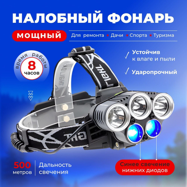 Фонарь налобный, супермощный, аккумуляторный / для рыбалки, охоты и ...