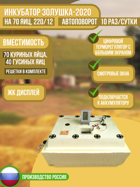 Инкубатор Золушка 2020, 70 яиц, автоповорот, 220/12В, ЖК дисплей ...
