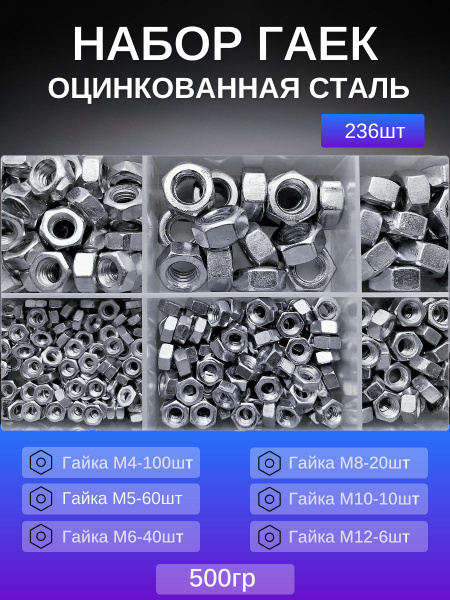 Набор гаек шестигранных оцинкованных DIN 934 для болтов,М4,М5, М6, М8 ...