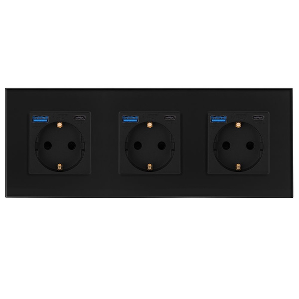 3 пост розетка с входами Usb и Type C Рамка стеклянная Черный купить по низкой цене в интернет
