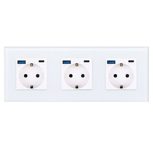 3 пост розетка с входами Usb и Type C Рамка стеклянная белый купить по низкой цене в интернет